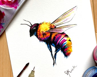 ART PRINT Hand Signed: Rainbow Bumblebee | Etsy