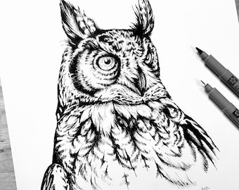 Owl Ink Drawing | Etsy