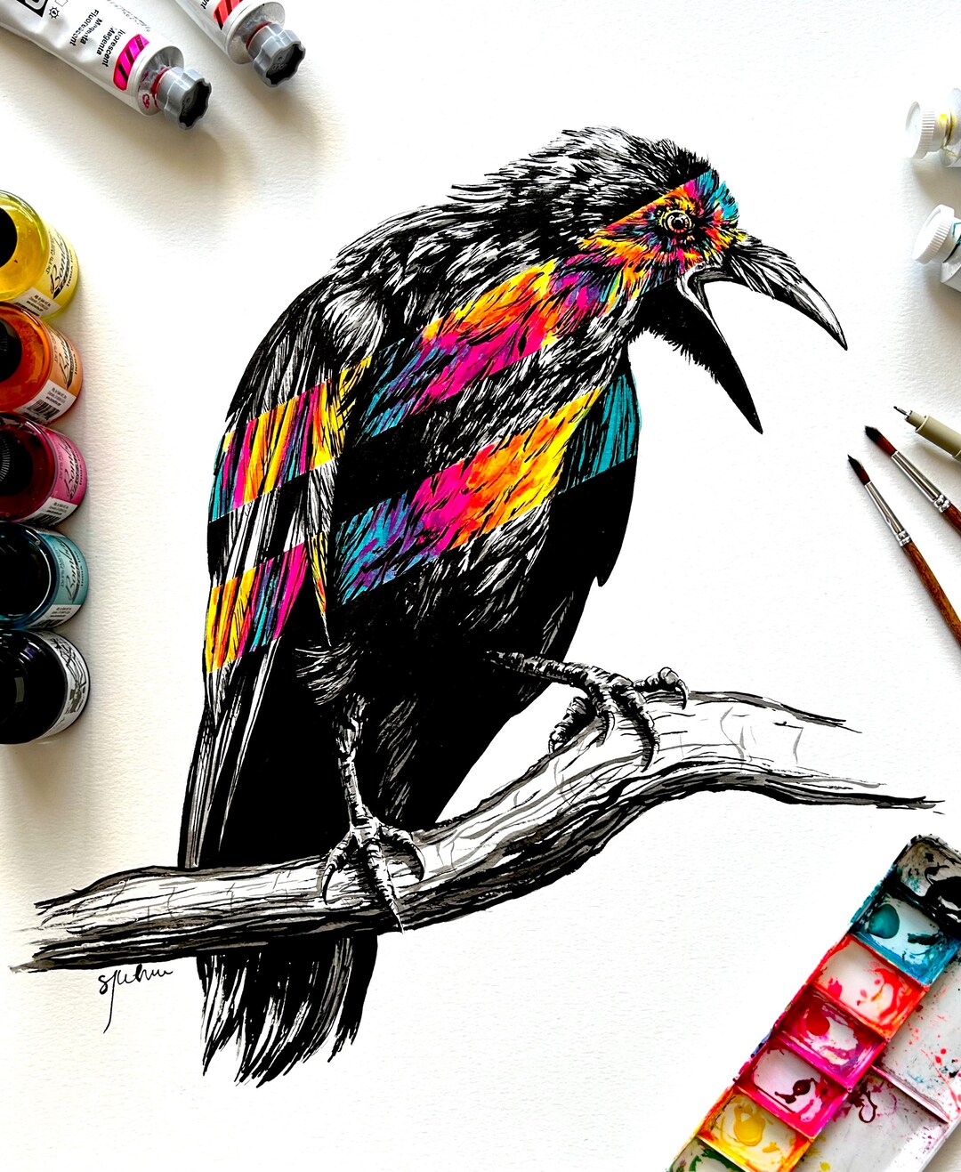 ART PRINT Hand Signed: Rainbow 2-striped Raven - Etsy