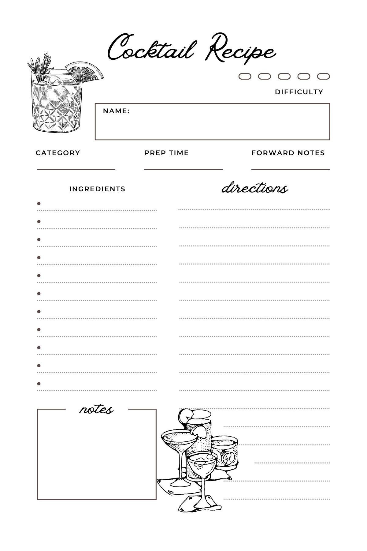 Printable Blank Cocktail Recipe Card: Signature Drink Creation (digital ...
