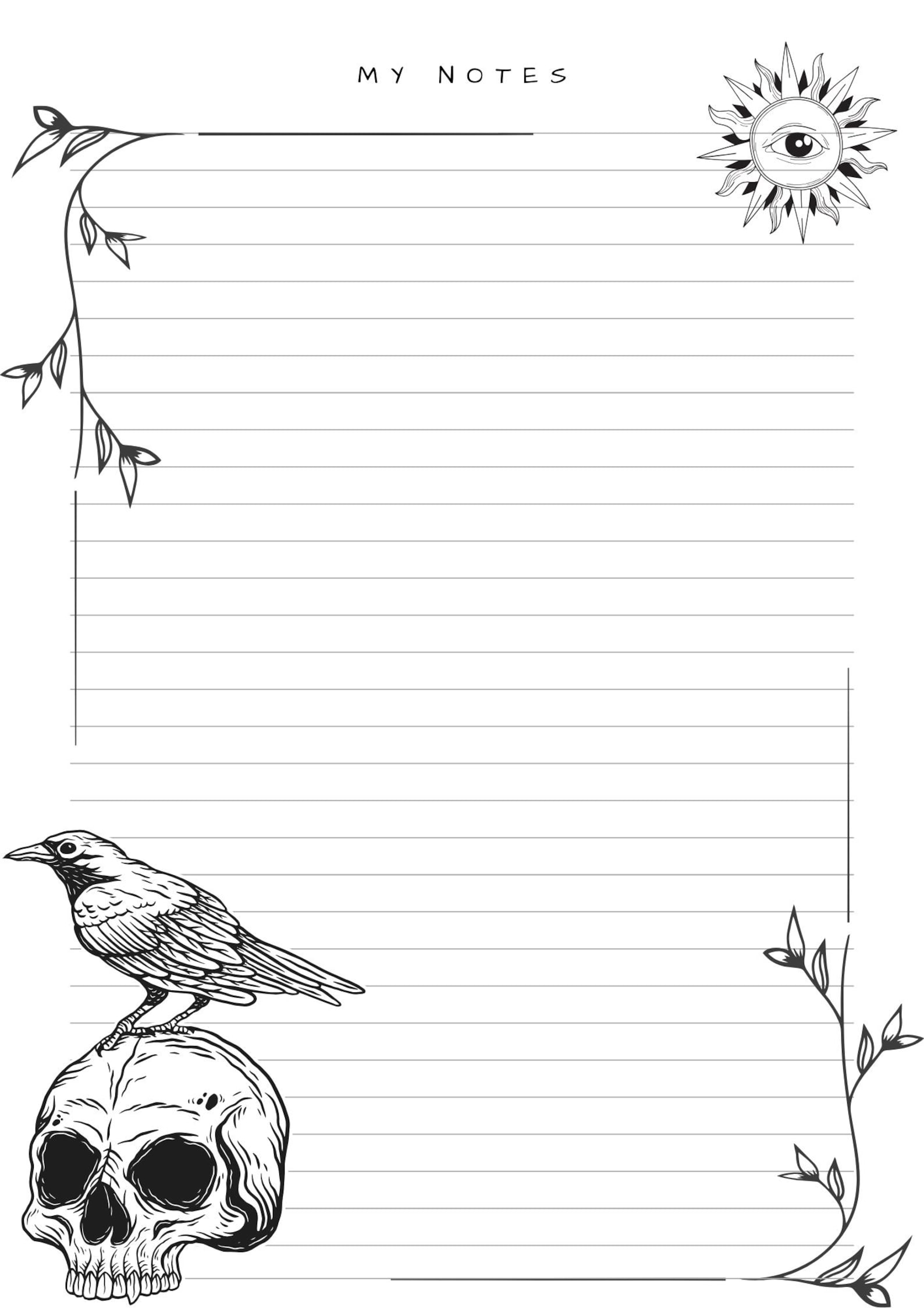 Notes Pages Gothic, Goth Writing Paper, Blank Notes, Study Note ...