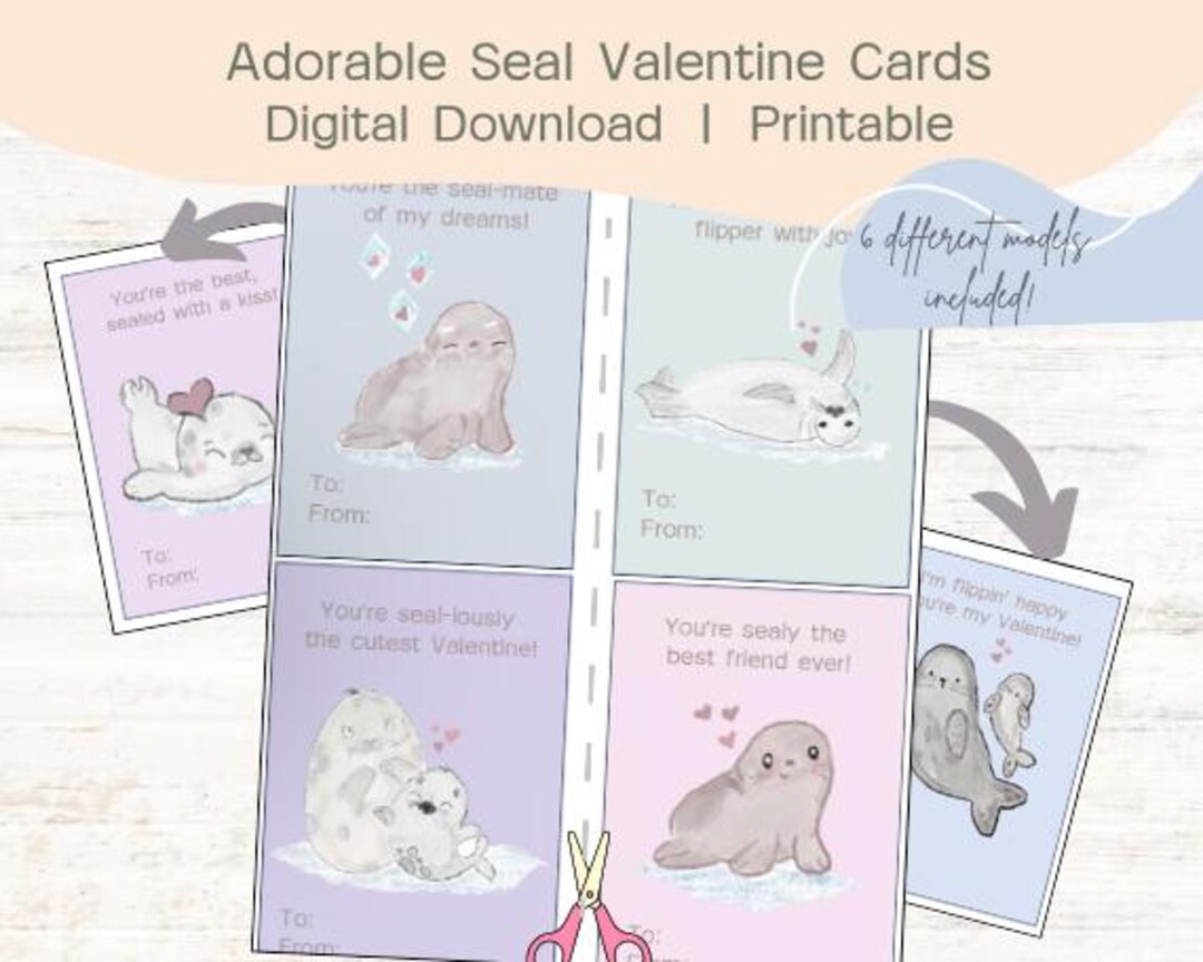 Printable Seal Valentine Cards for Kids | Marine Valentine Cards | Cute ...