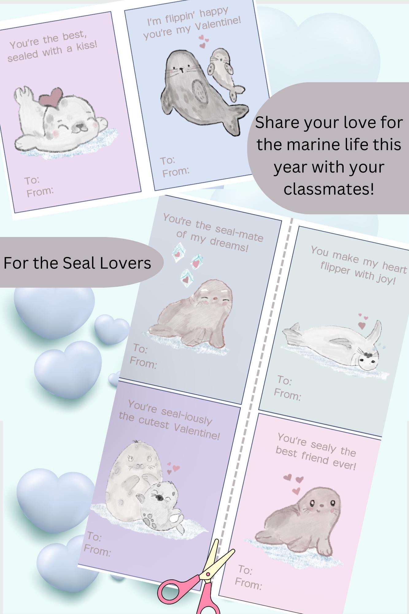Printable Seal Valentine Cards for Kids | Marine Valentine Cards | Cute ...