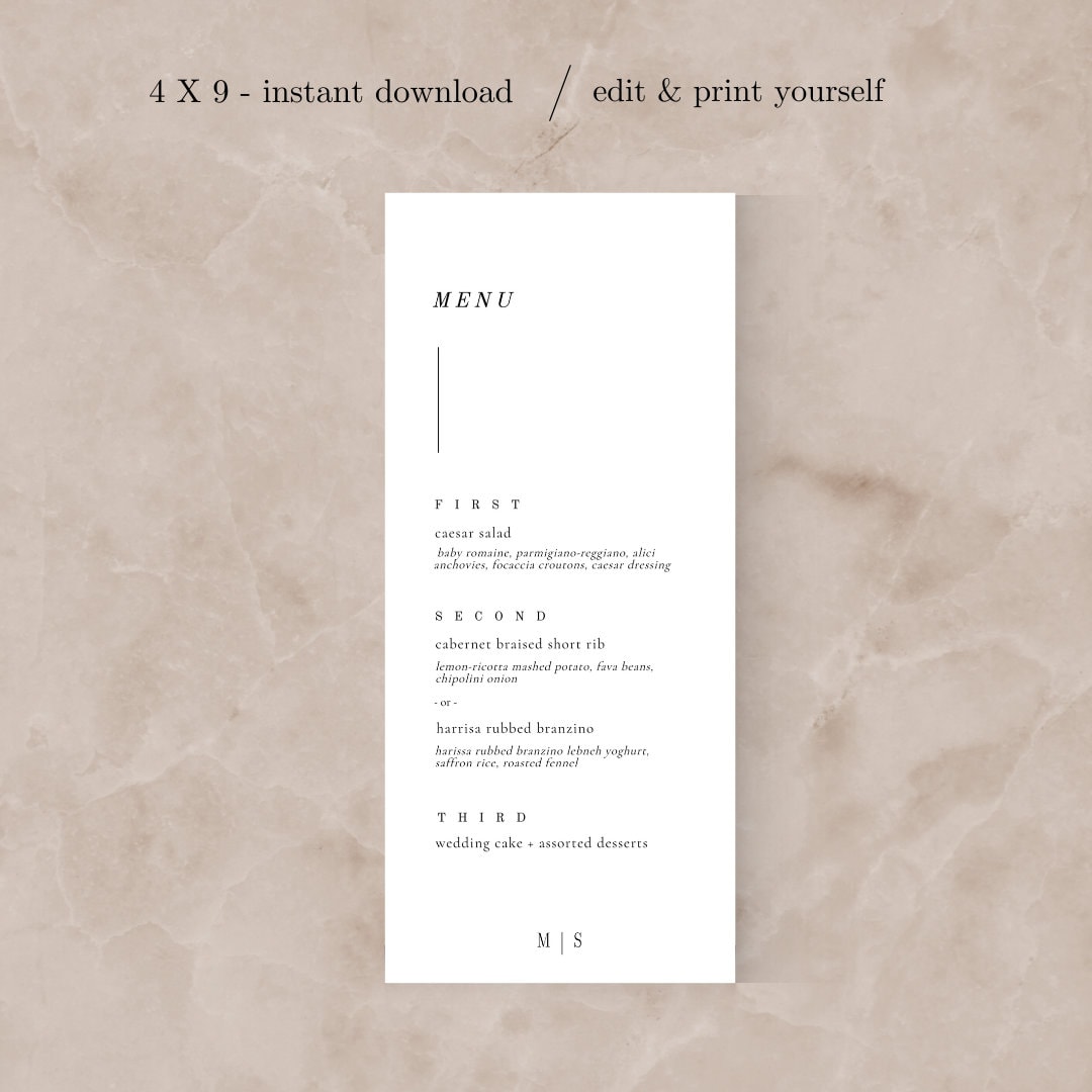 Menu, Modern Minimalistic Wedding Menu Template, 4x9 Printable, Corjl ...