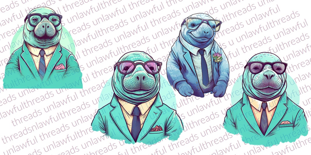 Manatee Wearing Glasses in a Suit Smiling FOUR Clear Png Files ...