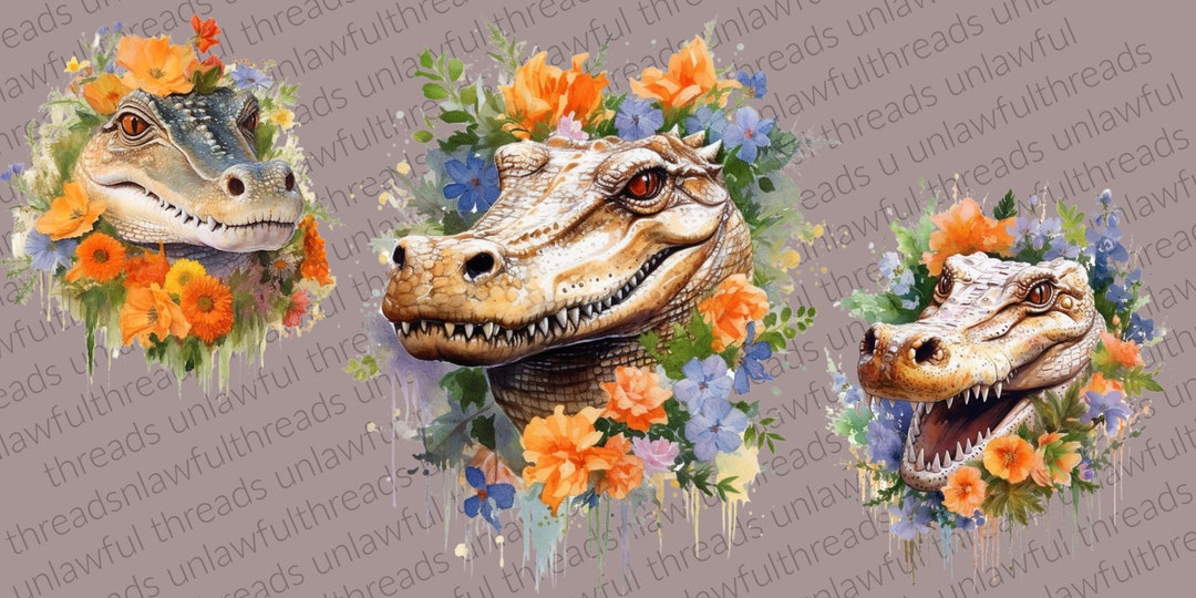 Alligator in Flowers THREE Clear Png Files 3600x3600 - Etsy