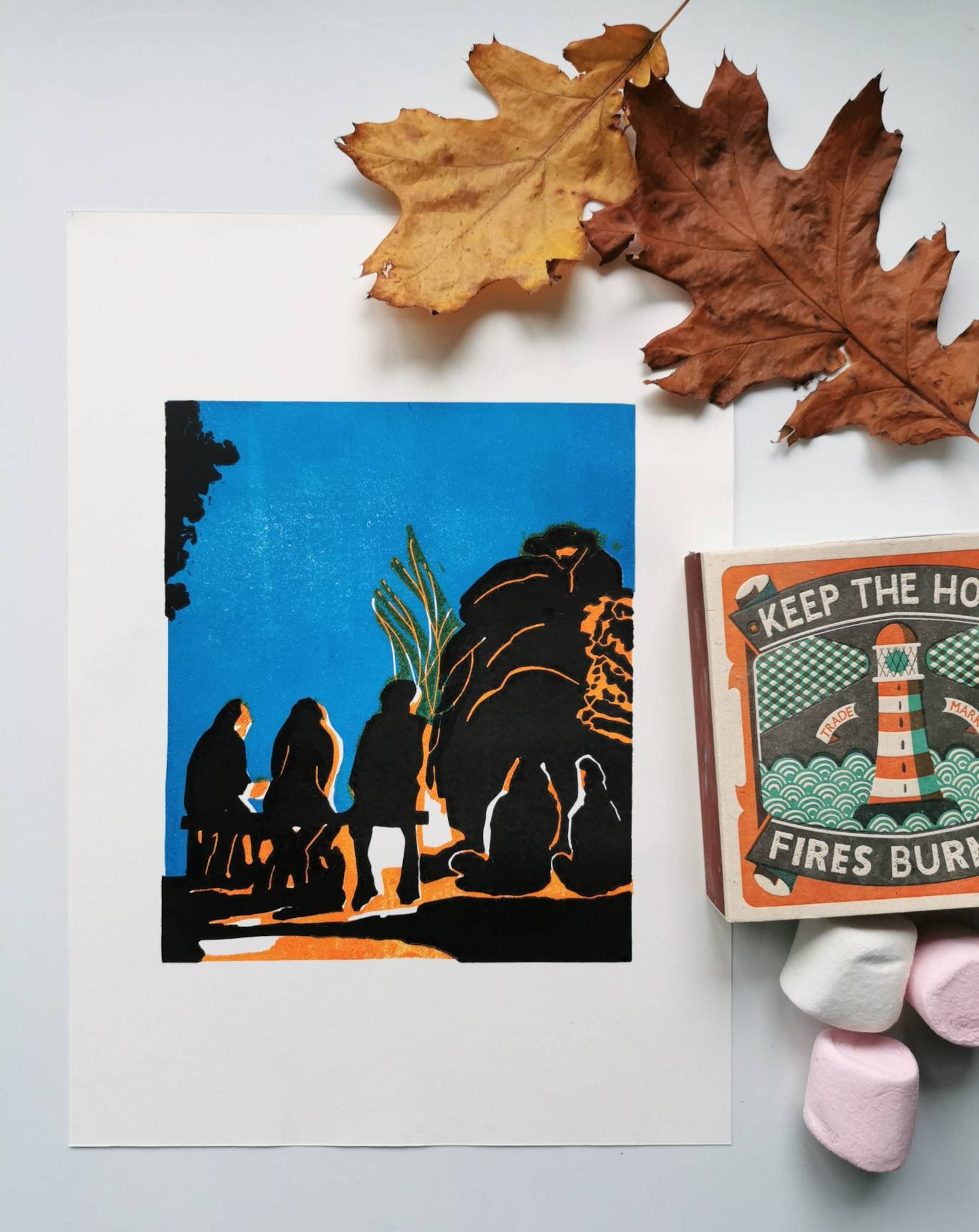 Bonfire Campfire Linocut Print Handprinted Fire Storytelling - Etsy