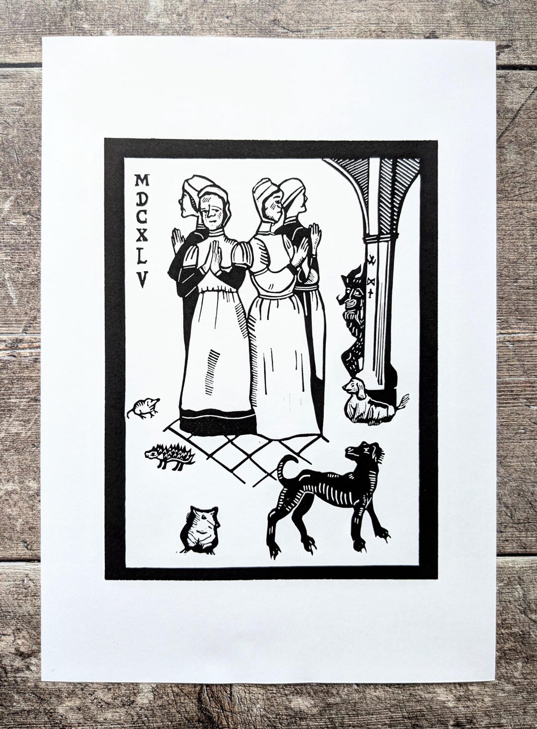 Witch Trial Woodcut Style Handprinted Linoprint - Witches and Familiars ...