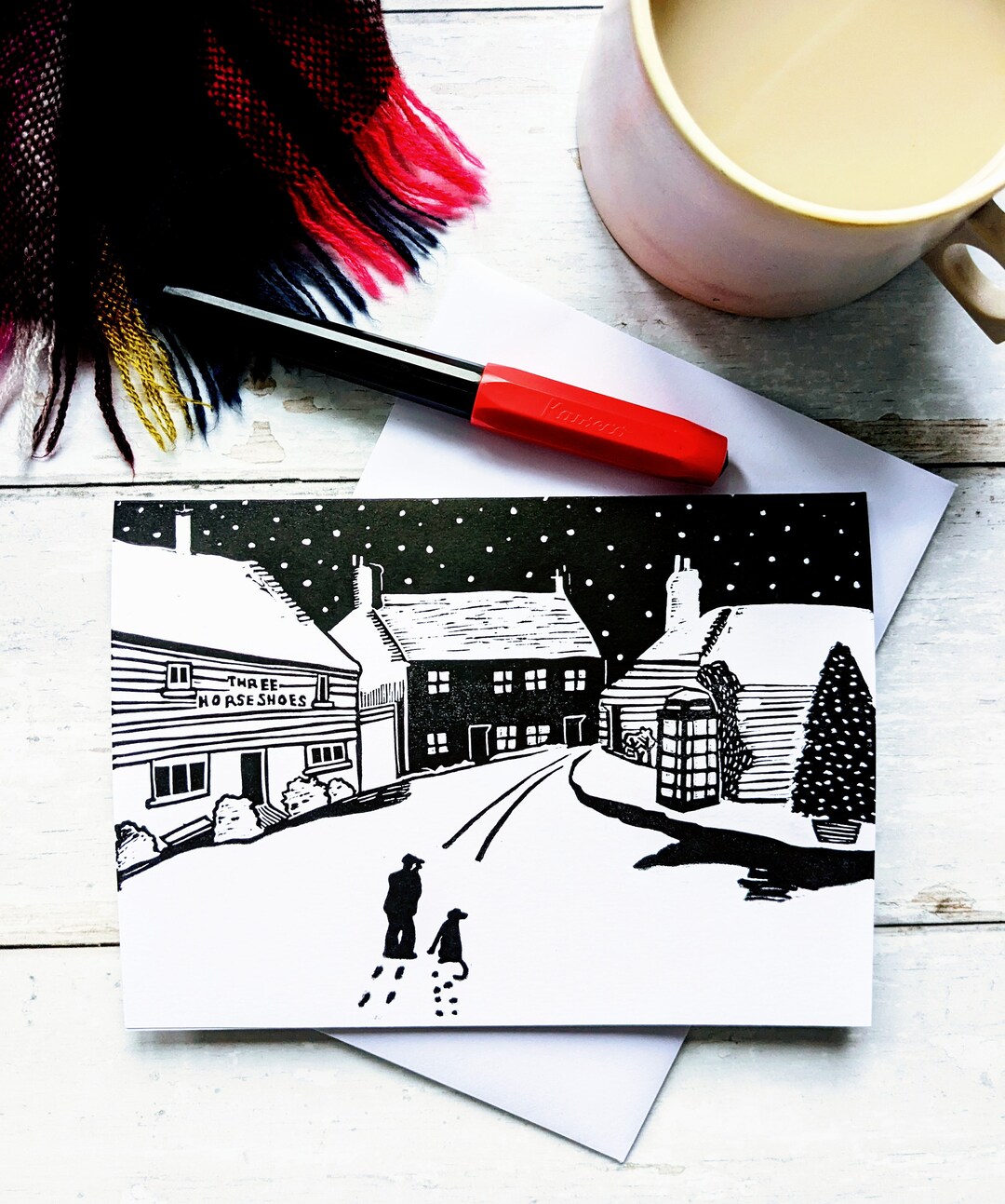 Snow Scene in English Village Linocut Card the Three Horseshoes ...