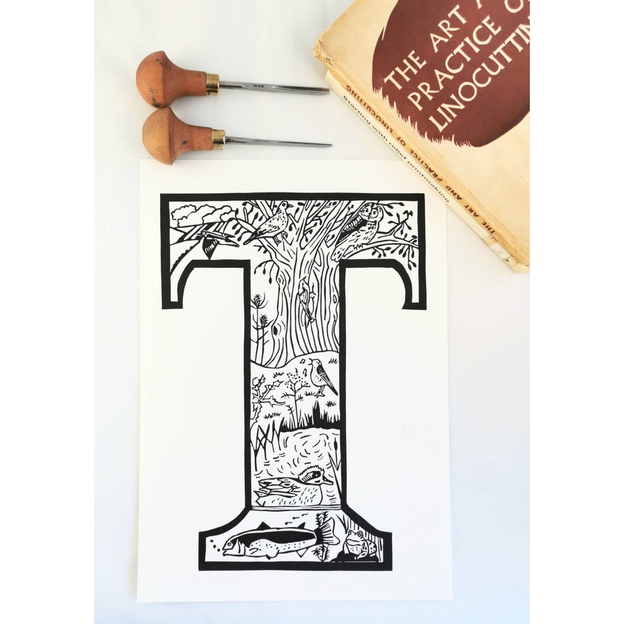 T Linocut Print Handprinted Handmade Letter Linoprint Nature Decorated ...