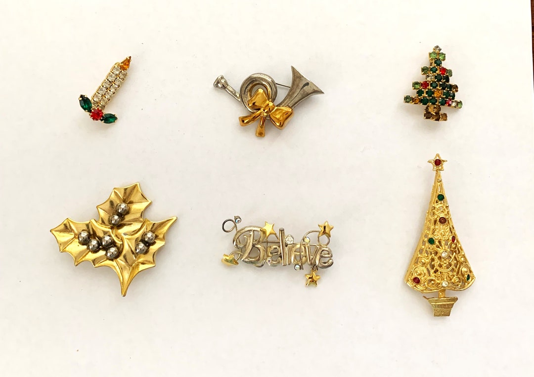 Lot of 6 Vintage Christmas/holiday Pins - Gold Tone, Rhinestones - Etsy