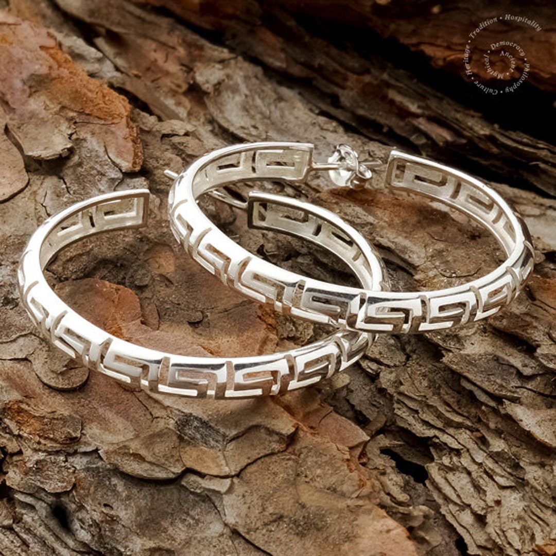 Greek Meander Hoop Earrings, Greek Key Hoop Earrings, Sterling Silver ...
