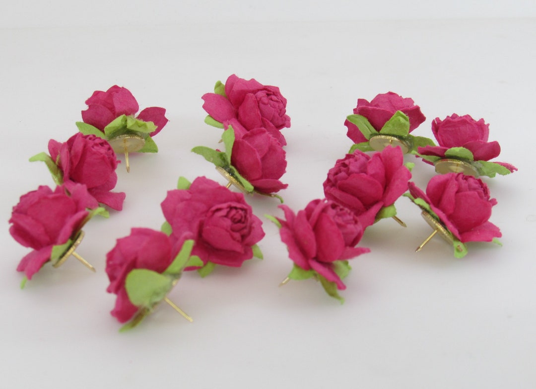 Hot Pink Rose Push Pins, Mulberry Paper Flowers, Office Decor, (set of ...