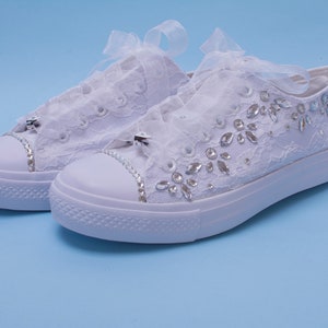 Bling Sneakers for Bride, White Lace Bridesmaid Trainers, Crystal ...
