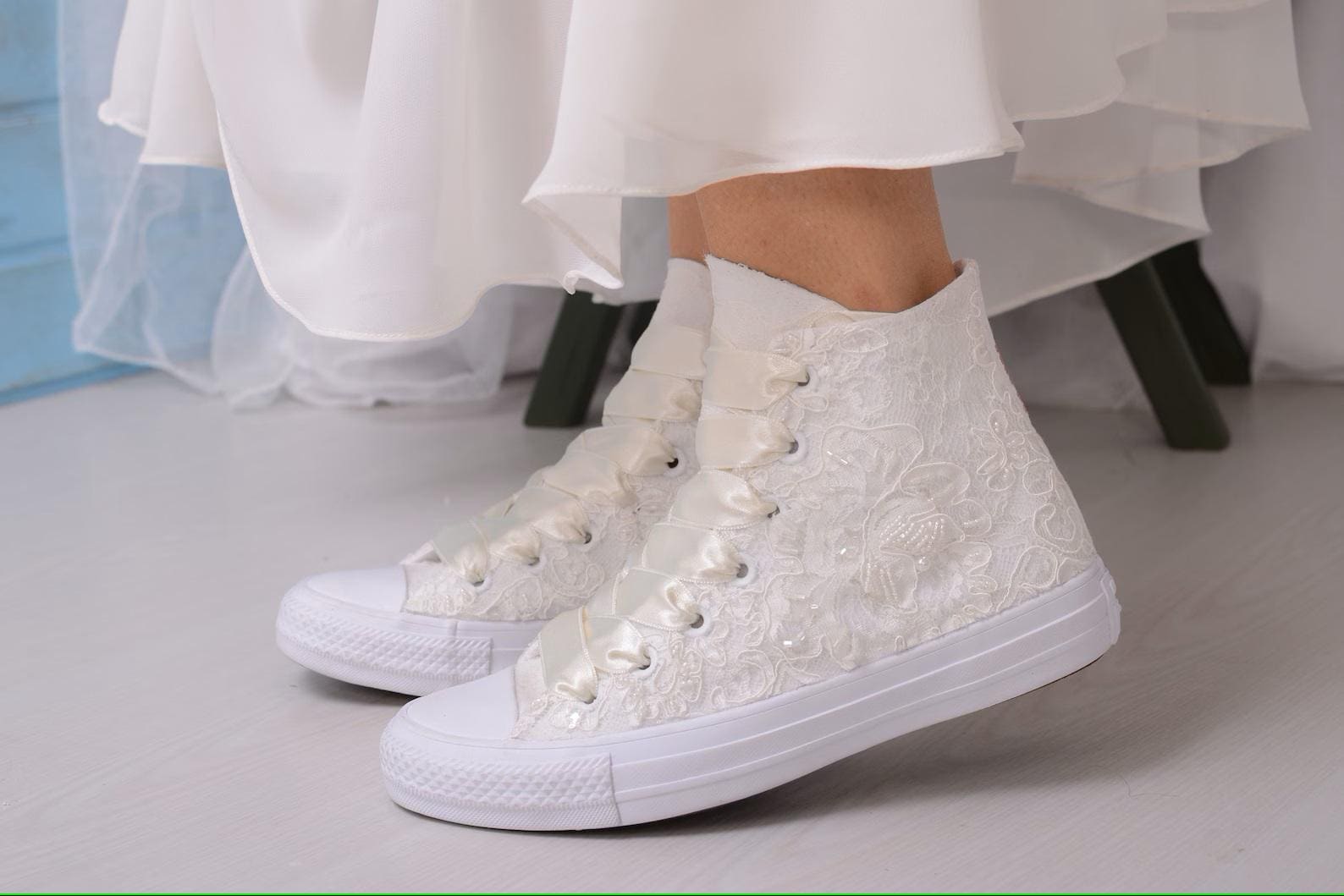 Luxury White Wedding Trainers for Bride, Lace Converse High Top, Bridal ...