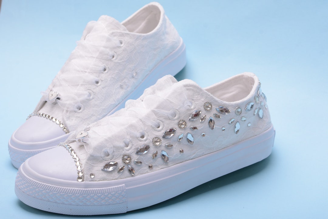 Bling Sneakers for Bride, White Lace Bridesmaid Trainers, Crystal ...