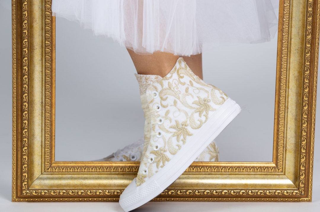 Gold High Top Bridal Sneakers, Wedding Sneakers for Bride, Luxury Gold ...