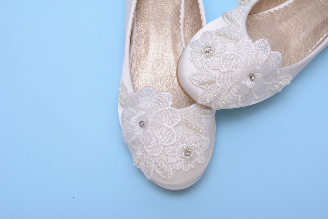 Lace Flats for Wedding, Ivory Satin Flats for Bride, Lace Ballet Low ...