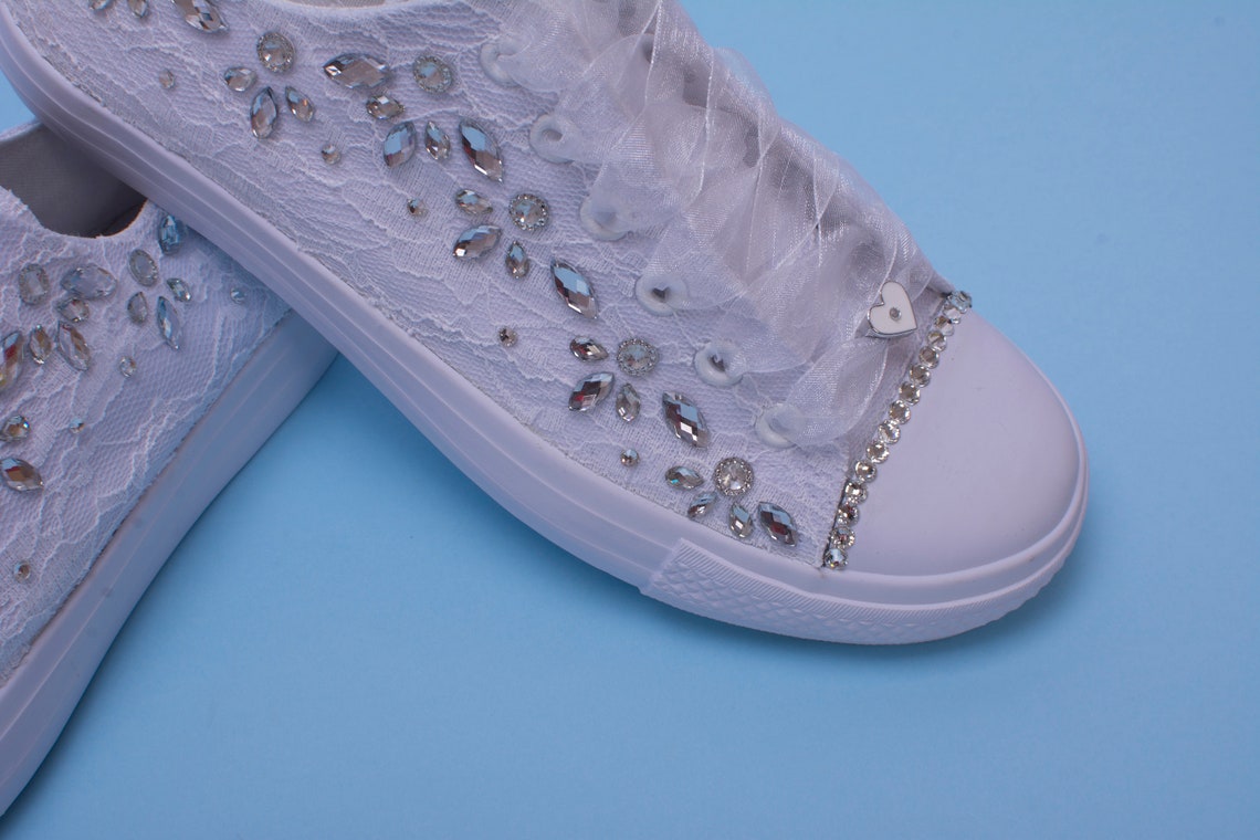 Bling Sneakers for Bride, White Lace Bridesmaid Trainers, Crystal ...