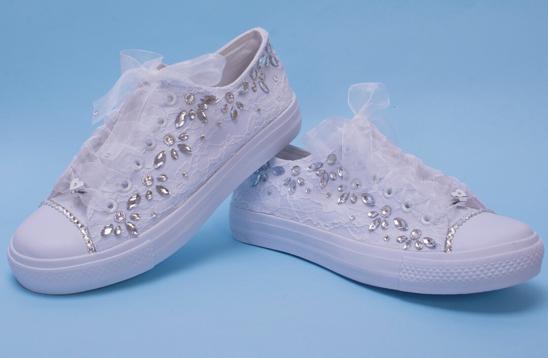 Bling Sneakers for Bride, White Lace Bridesmaid Trainers, Crystal ...