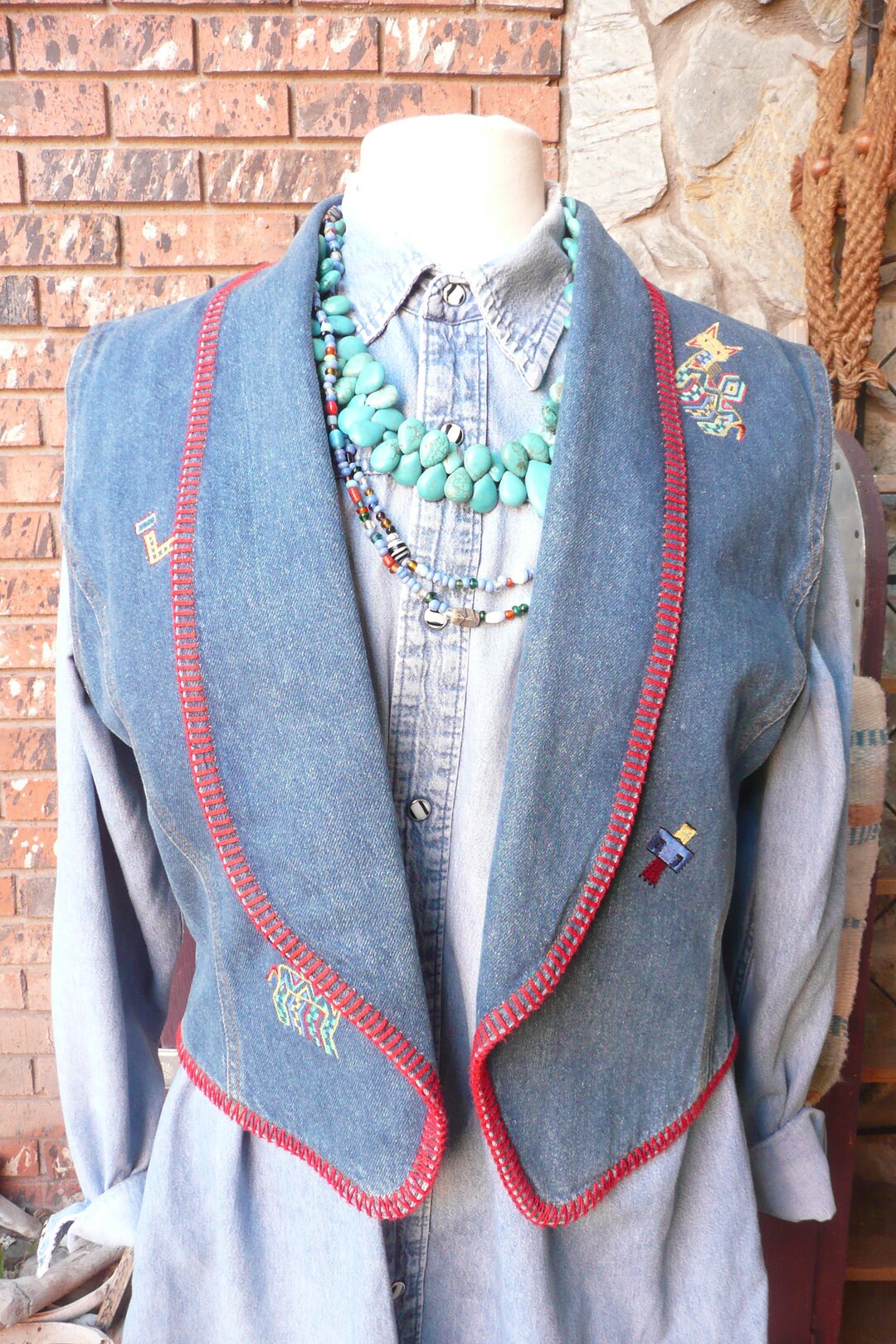 Vintage 80s Western Style Vest, Denim, Embroidery, Southwestern, Native ...
