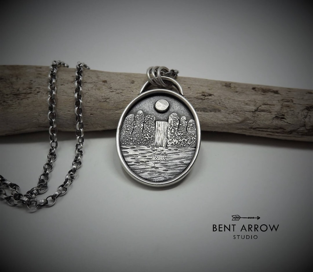 Sterling Silver Waterfall Landscape Necklace, Miniature Landscape ...