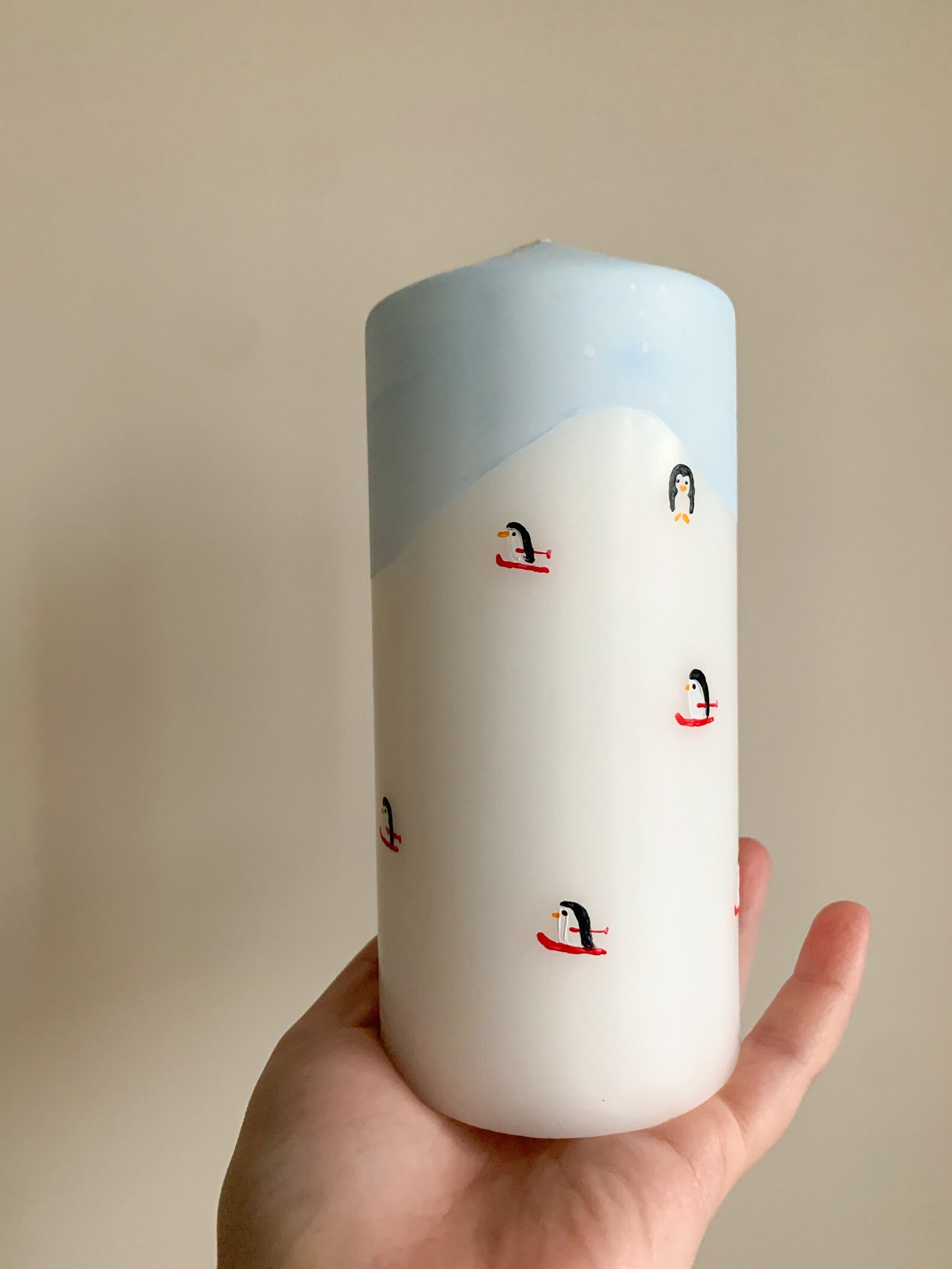 Hand Painted Pillar Candle With a Skiing Penguins on a Snowy - Etsy