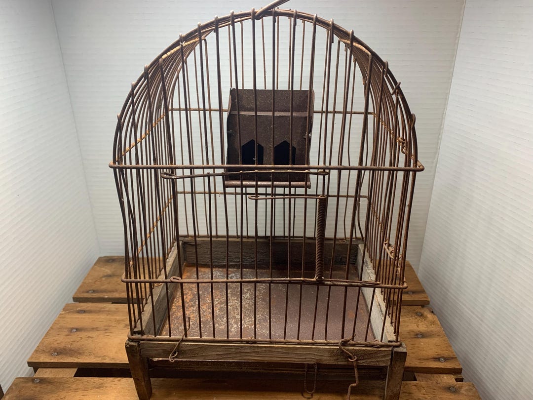 Antique Bird Cage, Square Wood Bottom Birdcage, Wire Dome Top Bird Cage ...