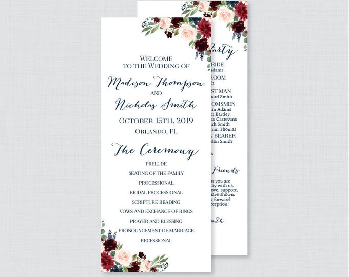 Printable OR Printed Wedding Reception Program Pink Floral | Etsy