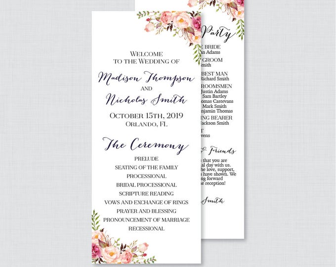 Printable OR Printed Wedding Reception Program Pink Floral | Etsy