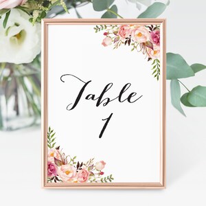Printable Wedding Table Numbers - Pink Floral Table Numbers for Wedding ...