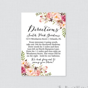 Printable OR Printed Wedding Direction Cards Pink Floral Wedding Directions Inserts Rustic Pink ...