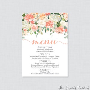 Printable OR Printed Wedding Menu Cards - Peach Floral Wedding Menu ...