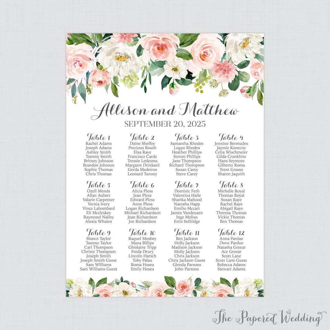 Printable Pink Floral Wedding Seating Chart Watercolor Pink & White ...