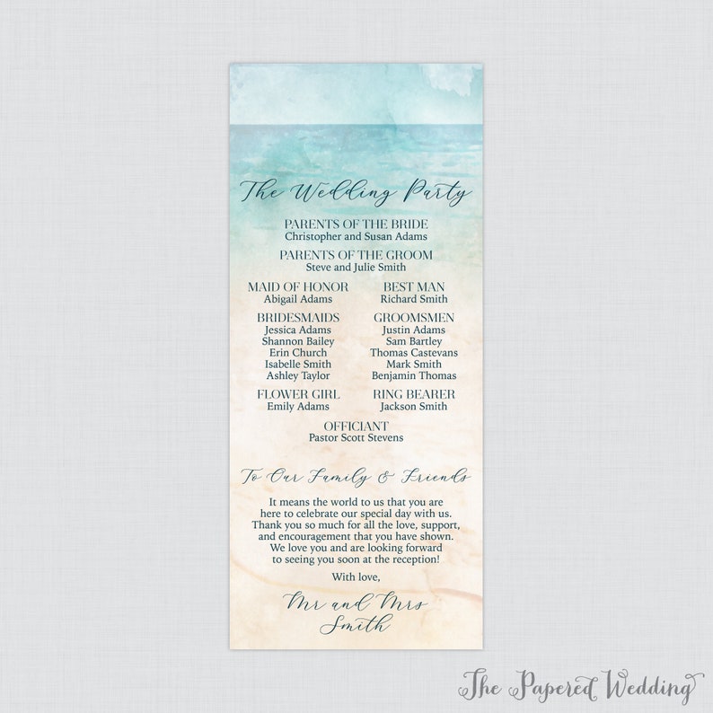 Printable OR Printed Beach Wedding Programs - Watercolor Beach Themed ...