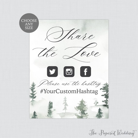 Printable Forest Wedding Hashtag Sign Green Watercolor Trees | Etsy
