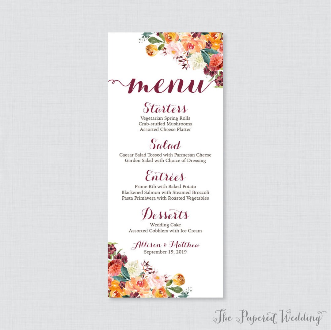 Printable OR Printed Wedding Menu Cards - Fall Floral Wedding Menu Card ...