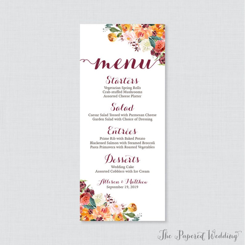 Printable OR Printed Wedding Menu Cards Fall Floral Wedding | Etsy