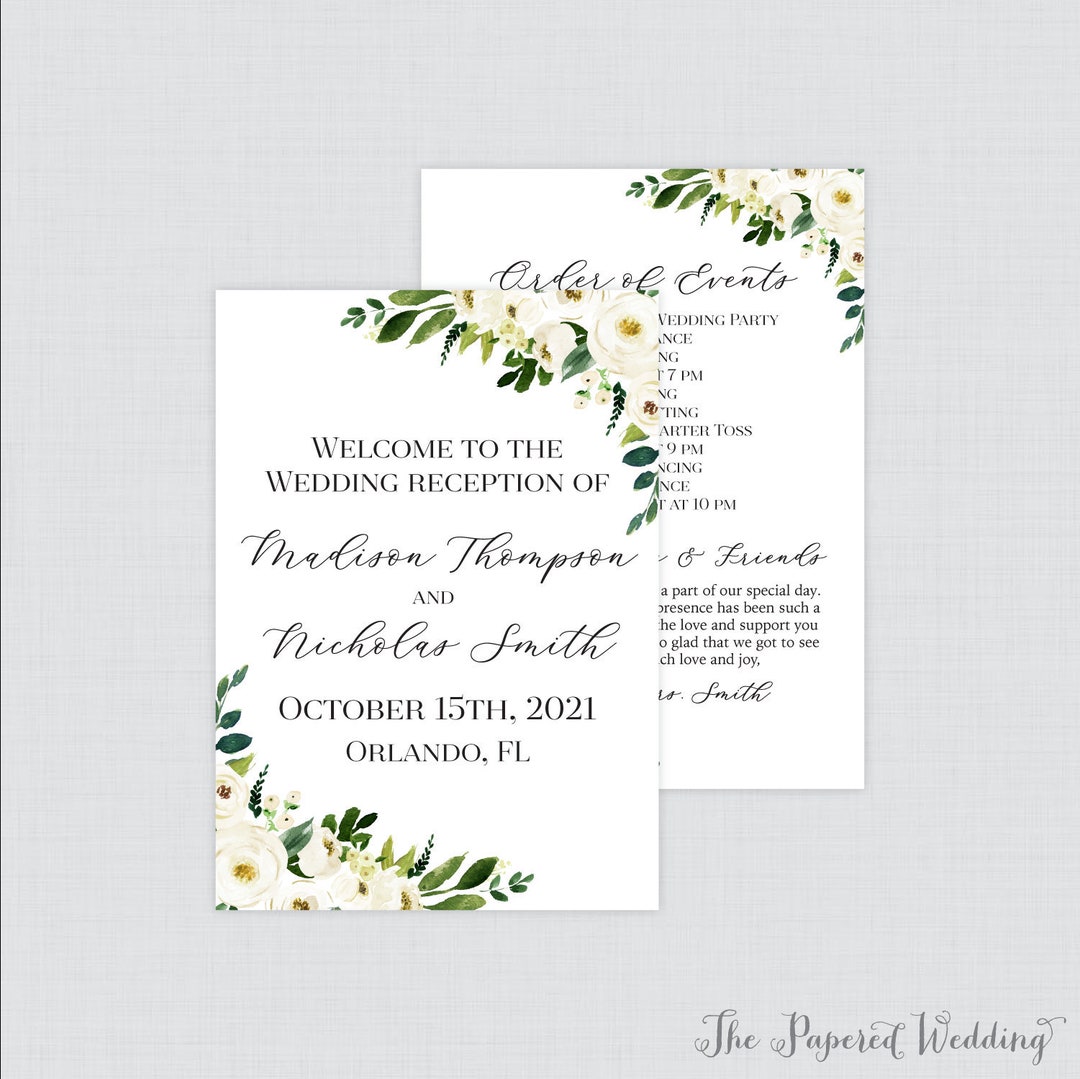 Printable OR Printed Wedding Reception Program - White Floral Wedding ...