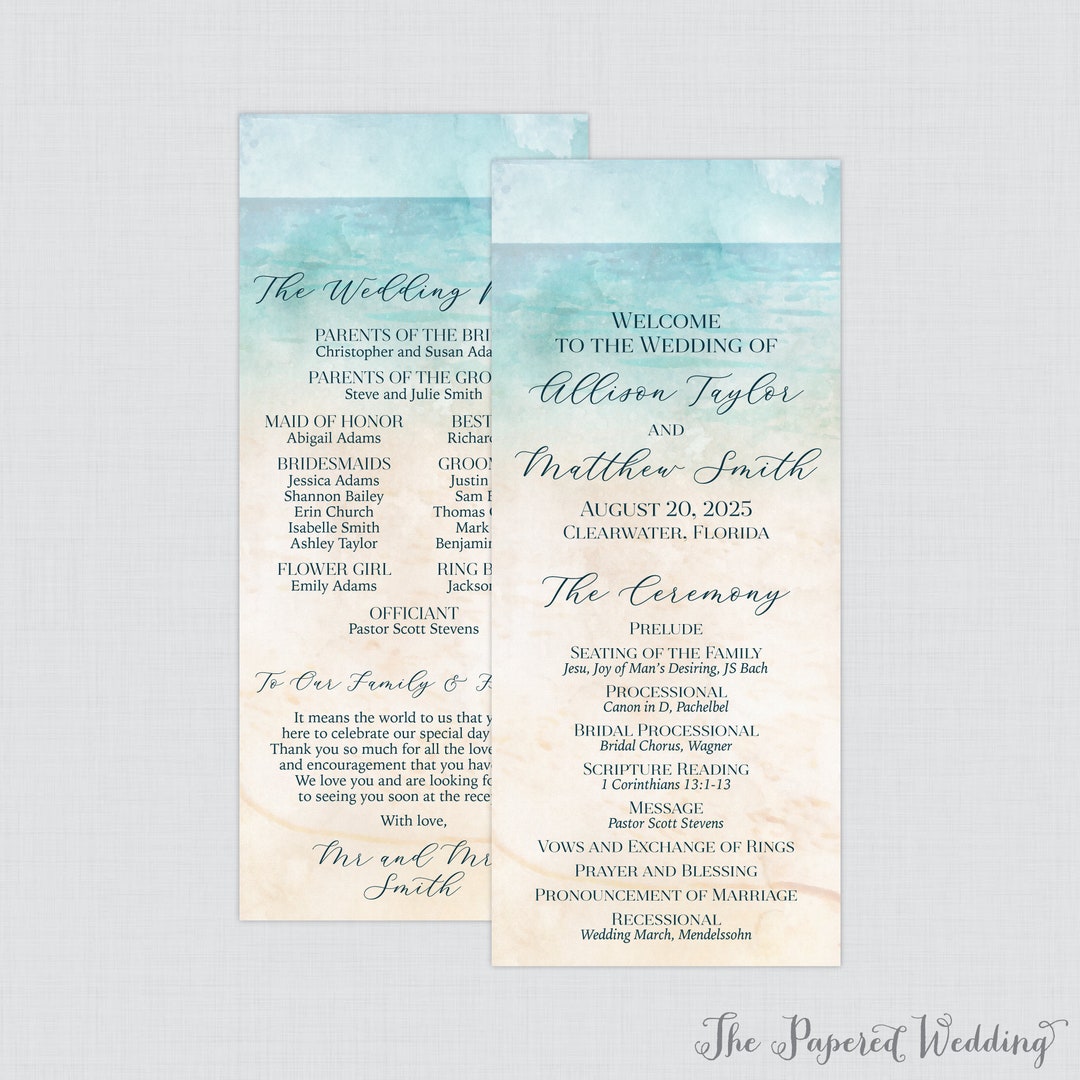 Printable OR Printed Beach Wedding Programs - Watercolor Beach Themed ...