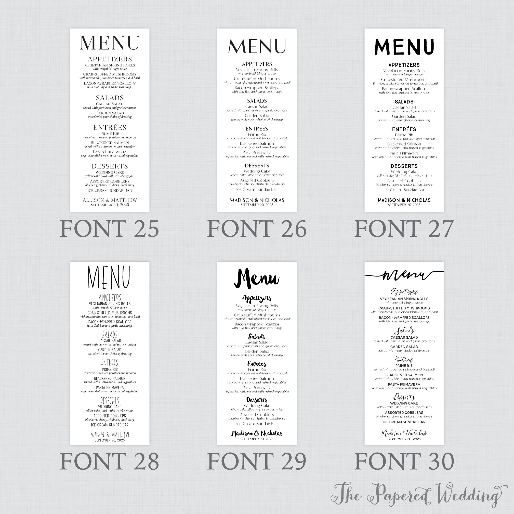 Printable OR Printed Wedding Menu Cards - With Custom Color and Font ...