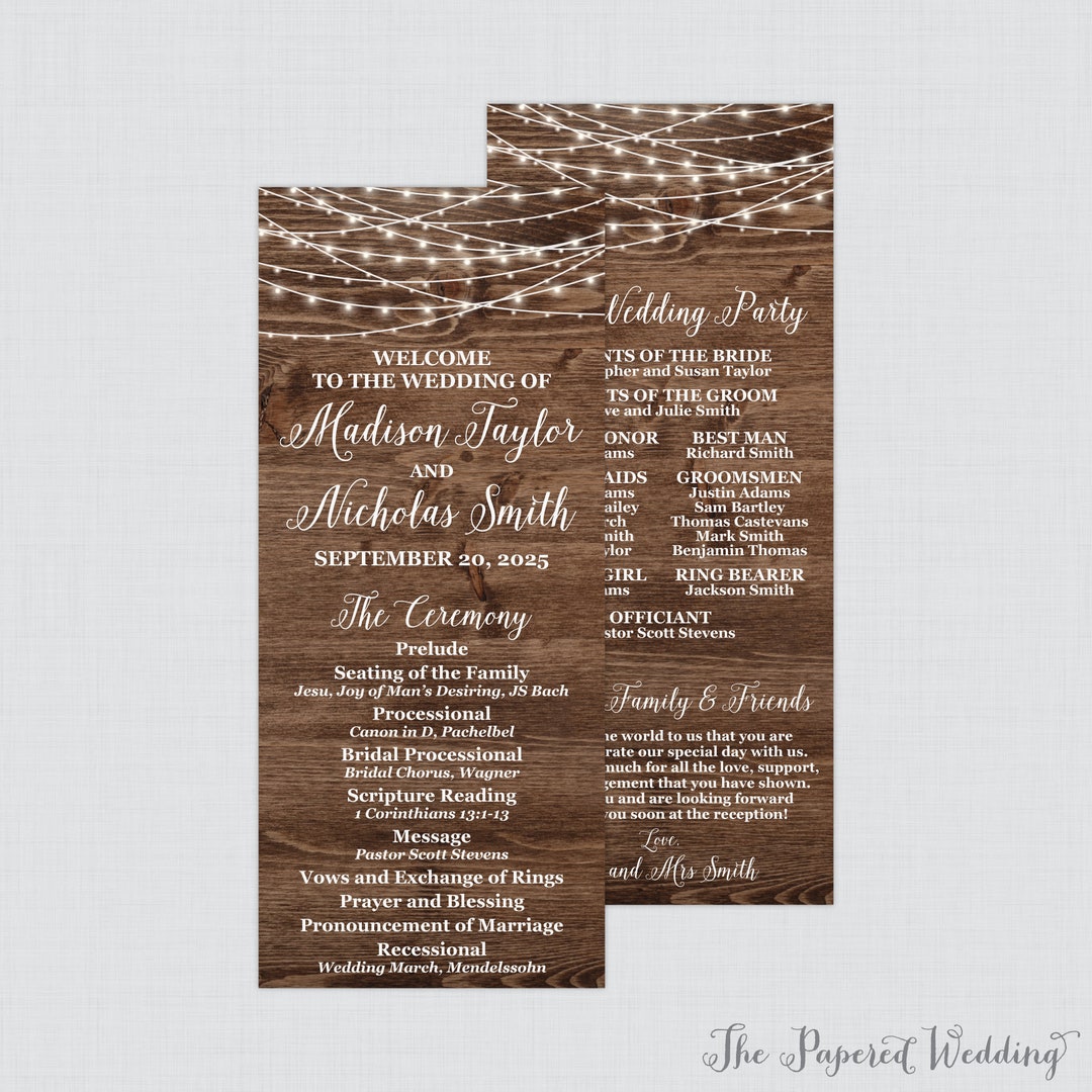 Printable OR Printed Rustic Wedding Programs - Wood and String Lights ...