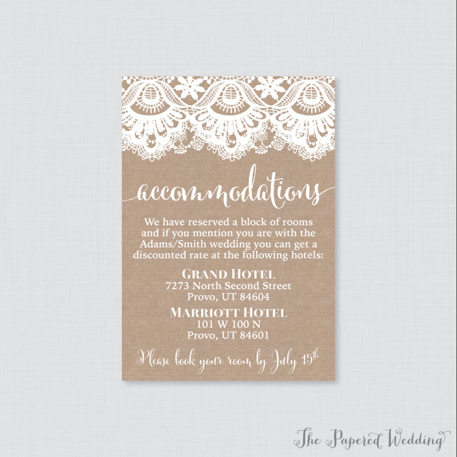 Printable OR Printed Wedding Accommodation Cards Burlap and | Etsy