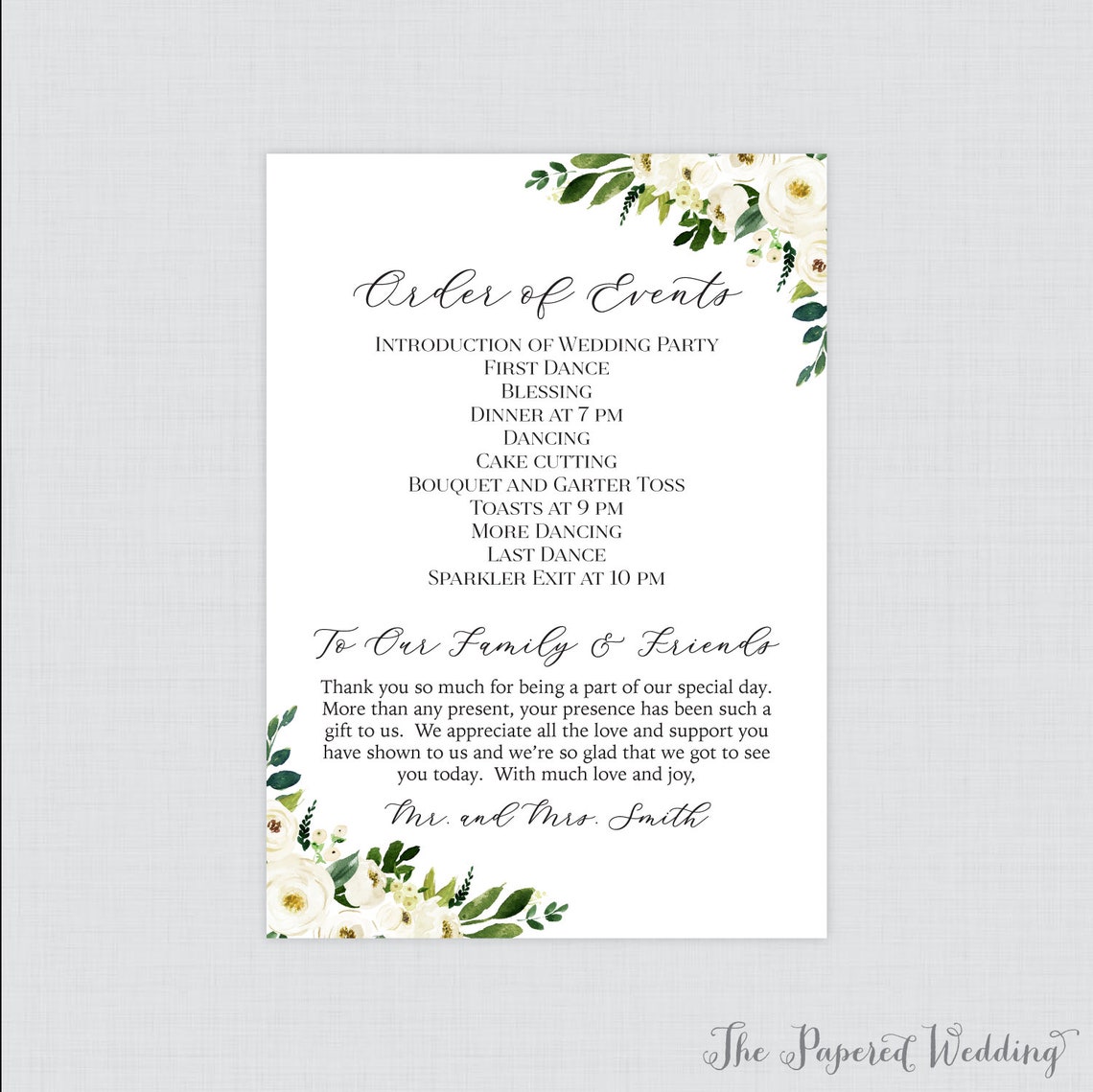 Printable OR Printed Wedding Reception Program White Floral | Etsy