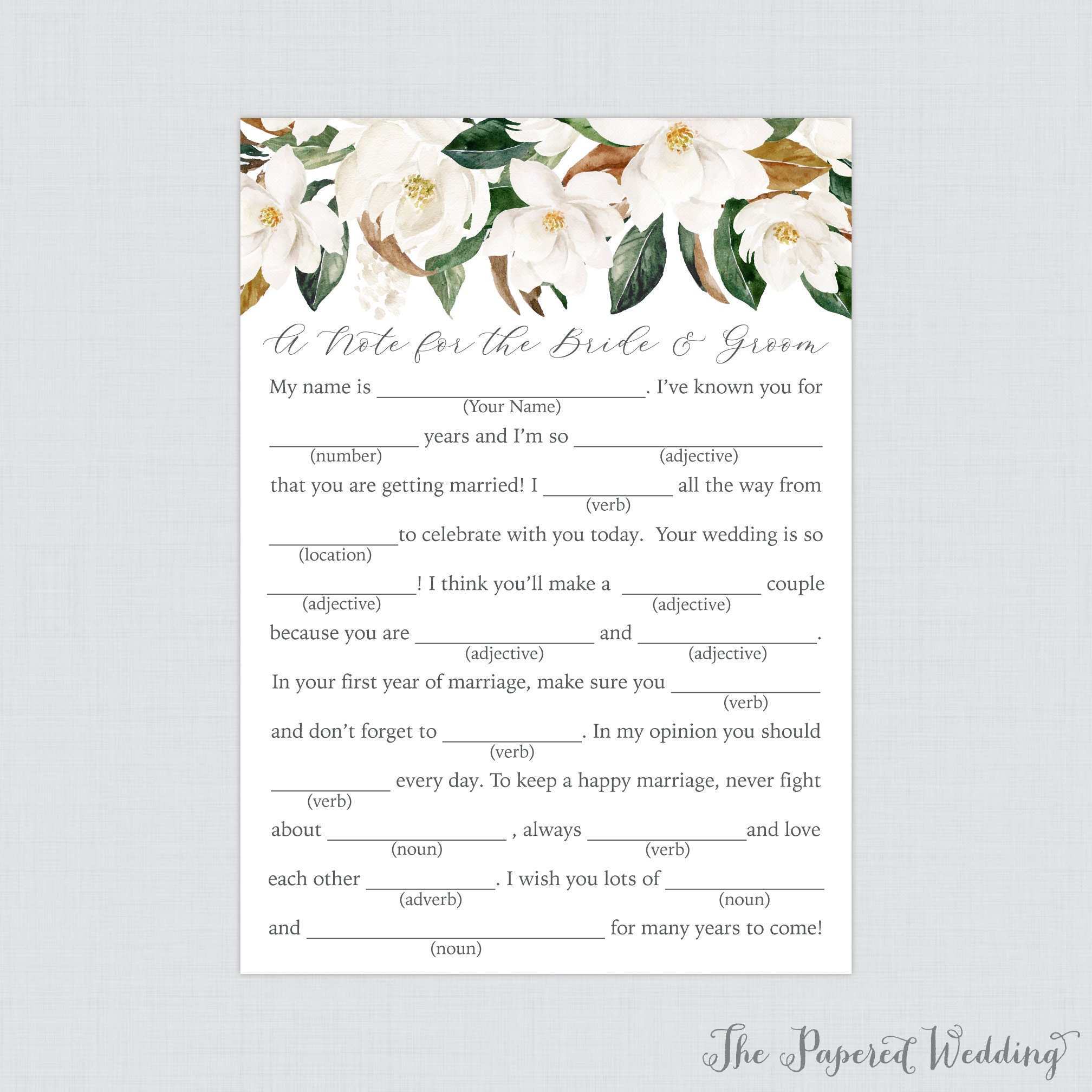 Printable Magnolia Wedding Mad Libs Magnolia Flower & Leaf | Etsy