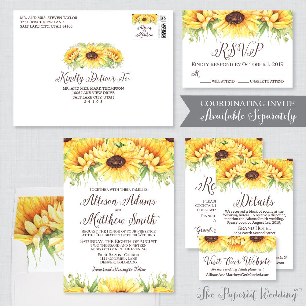 Printable OR Printed Wedding Invitations Sunflower Wedding - Etsy