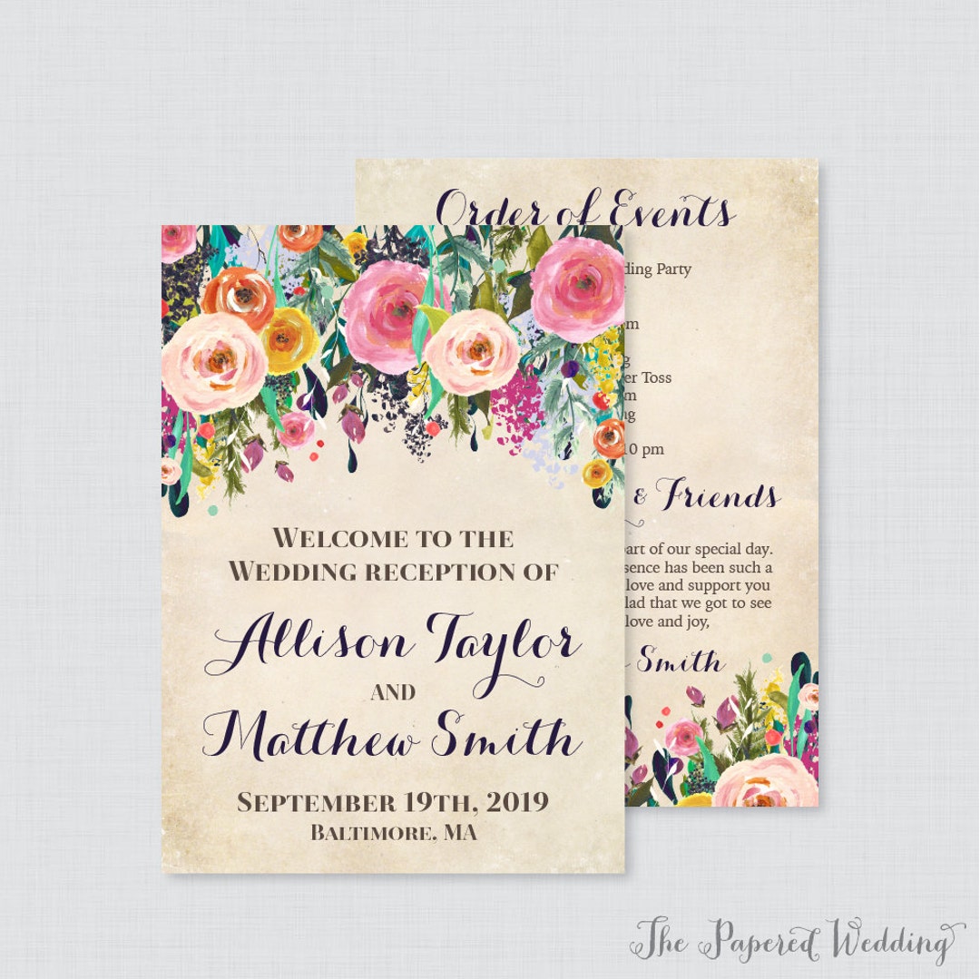 Printable OR Printed Wedding Reception Program - Floral Wedding ...
