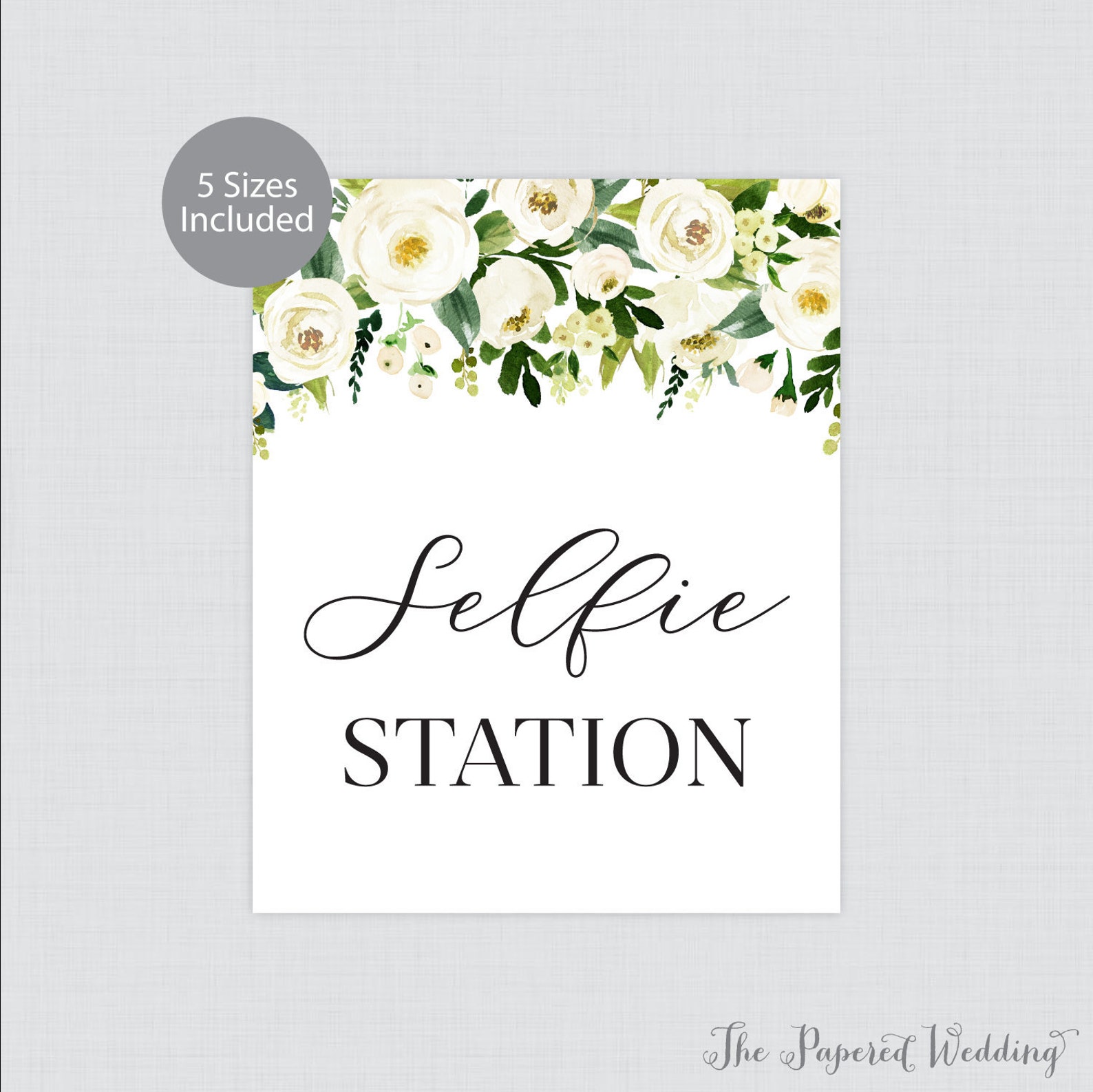 Printable Selfie Station Sign White Floral Photo Booth Sign - Etsy