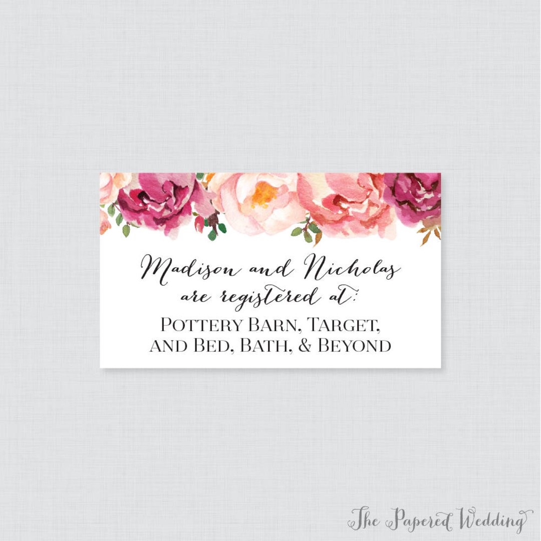 Printable OR Printed Wedding Registry Cards - Pink Floral Wedding ...
