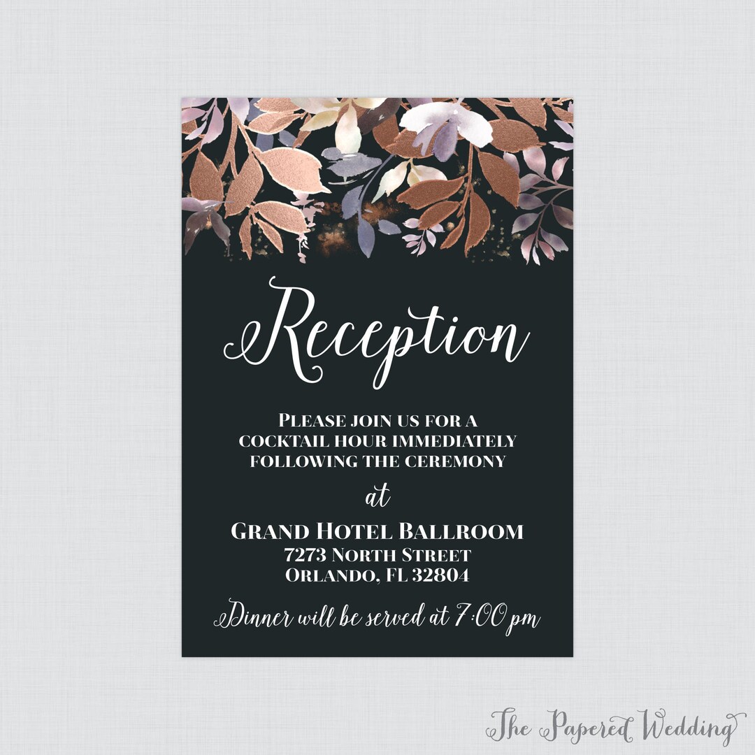 Printable OR Printed Rose Gold Wedding Reception Cards - Black, Rose ...